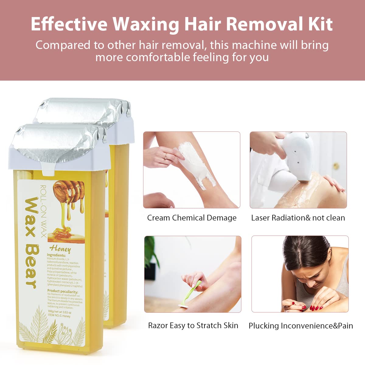 Wax Bear Roll on Wax Warmer Kit with Honey Wax Cartridges for Coarse Hair Removal - Professional At-Home Waxing