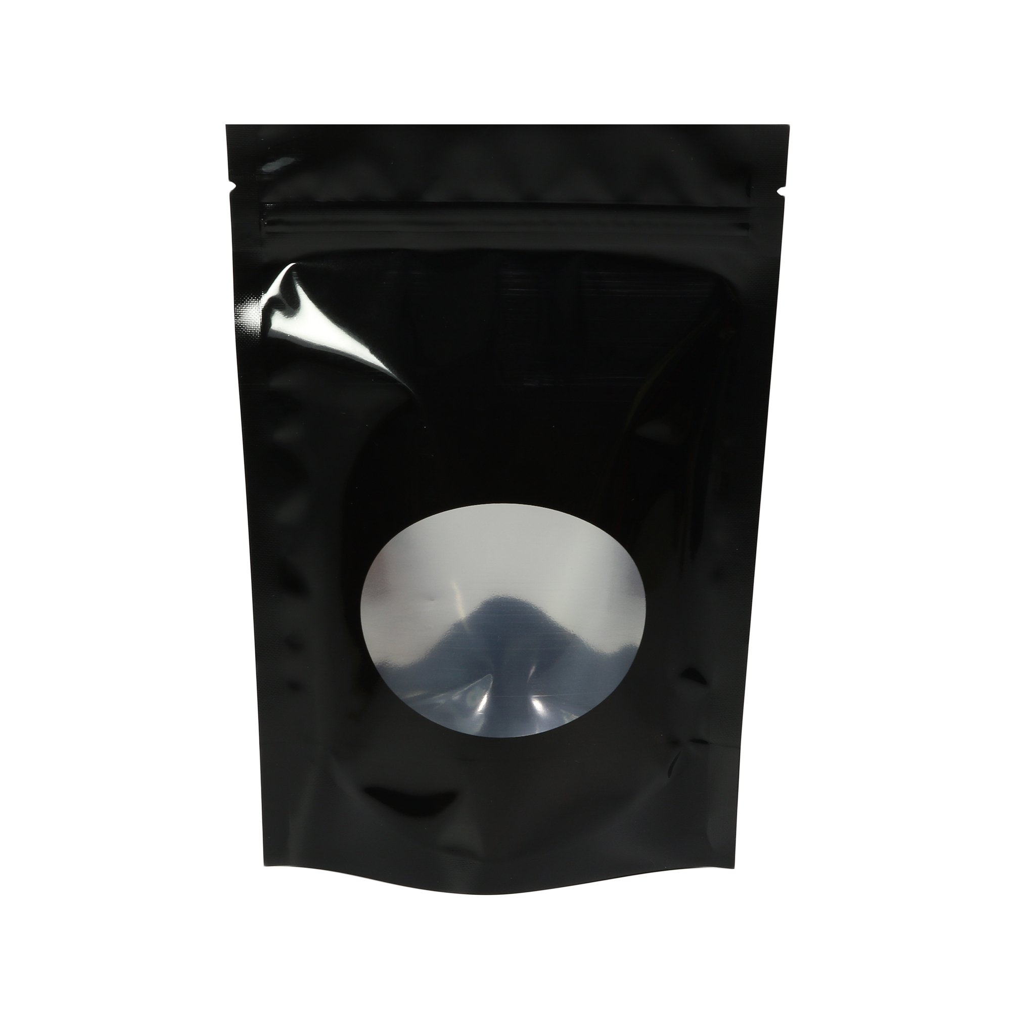 QQ Studio Pack of 100 Glossy Colored Mylar Foil Stand-Up Zip Seal Bags w/Clear Round Window (Glossy Black, 3.3 inches x 5.5 inches)