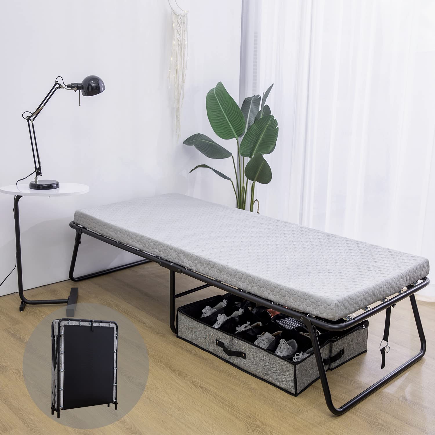 LEISUIT Folding Bed with Memory Foam Mattress - Portable Fold Up Bed - Luxurious Foldable Bed with Frame - Foldaway Guest Bed - Hideaway Cot for Adults,Grey