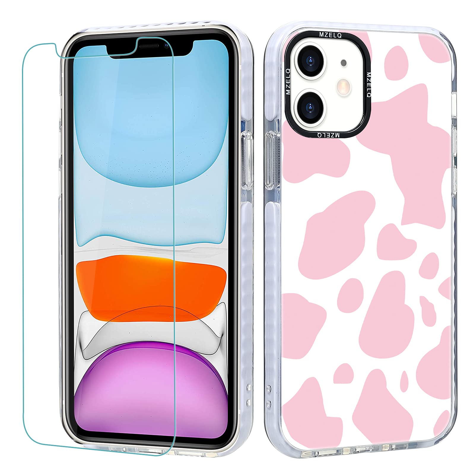 MZELQ Designed for iPhone 11 Case, Cute Pink Cow Print TPU Phone Pink Cow Patterns Case + Screen Protector Compatible with iPhone 11 6.1 inch Fit Girls Women iPhone 11 Case