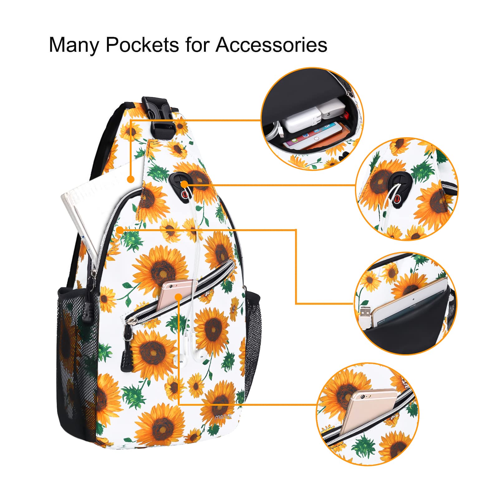 MOSISO Sling Backpack,Travel Hiking Daypack Sunflower Rope Crossbody Shoulder Bag, White