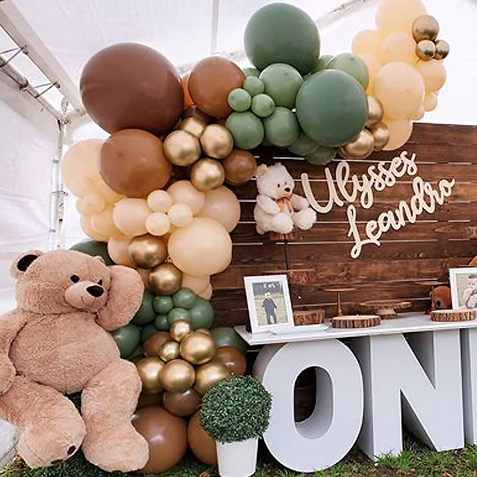 Monlot Sage Green Brown Balloon Garland Kit 135 Pcs Woodland Baby Shower Decorations Safari Balloon Arch Metallic Gold Nude Matte Balloons for Baby Shower Jungle Birthday Party Decorations