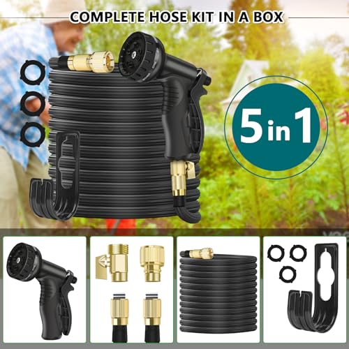 Quisky Expandable Garden Hose 50ft, 25ft 75ft 100ft with 10-Function Nozzle,Nano Rubber latex High Elastic Leak-Proof Multi-Layer Hose Pipe with Holder,3/4" Solid Brass Connectors Fittings Lightweight