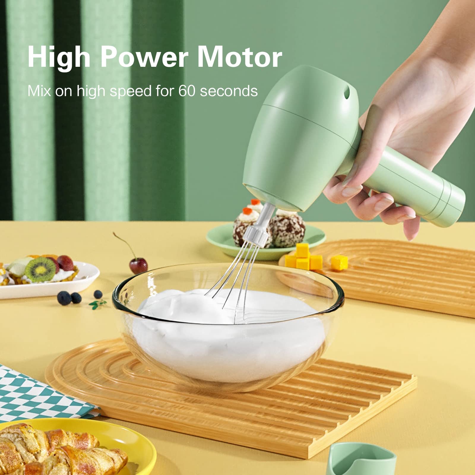 MOSHOU Cordless Hand Mixer, 3 Speed Electric Whisk USB Rechargeable Handheld Electric Mixer, 304 Stainless Steel Beaters & Whisk, for Lattes, Butter, Cakes,Egg, Milk, Cookies (Green)