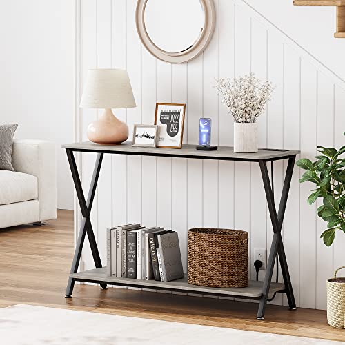 IDEALHOUSE Console Table, Sofa Tables Narrow Entryway Table with Outlet, Shelf and Metal Frame, 41.3β Behind Couch Table Industrial Hallway Table for Living Room, Foyer, Bedroom, Grey