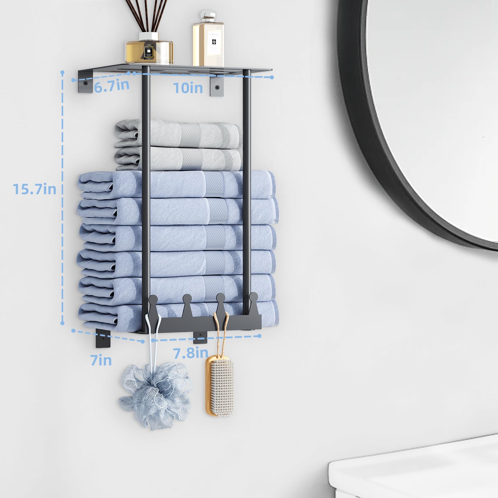 Towel Racks for Bathroom Wall Mounted, Rolled or Folded Towel Holder with Metal Shelf and 4 Hooks for Small Bathroom, Wall Mounted Metal Bathroom Organizer, Sturdy and Large Capacity (1 Shelf)
