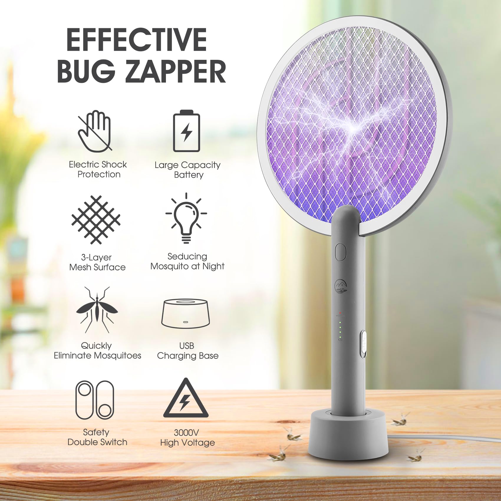 Mosiller Electric Fly Swatter Racket, 2 in 1 Rechargeable Bug Zapper with 3 Layer Protection, USB Charging Fly Zapper & 4000 Volt Purple Light Mosquito Swatter for Indoor and Outdoor