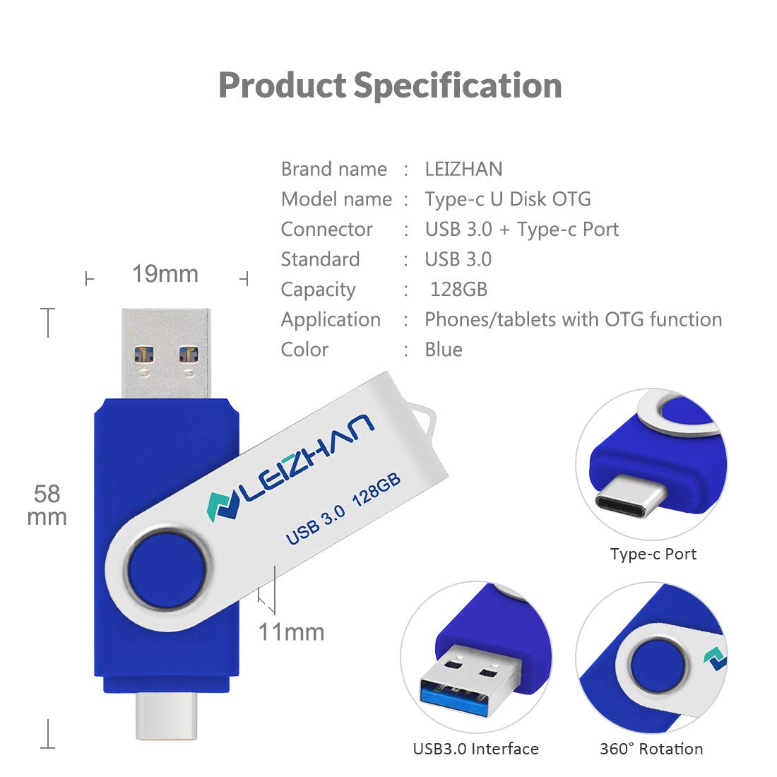 leizhan 128 gb USB Flash Drive USB 3.0 Type C Memory Stick for LG Stylo 5,Samsung Galaxy S10+, S10e, S10,S9, Note 9, S8, S8 Plus,Google Pixel XL Thumb Drive, Green