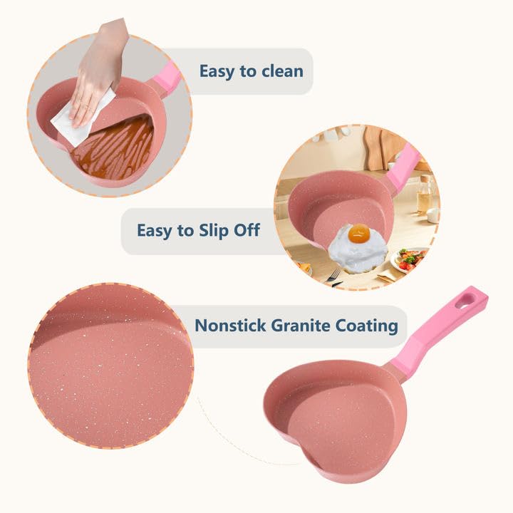 Unoschrim Mini Nonstick Egg Pan, Small Frying Pan with Unique Heart-shaped, One Egg Frying Pan with Granite Coating, Multi-functional Frying Pan for Cooking Eggs, Pancake, Sausages and Burgers, Pink