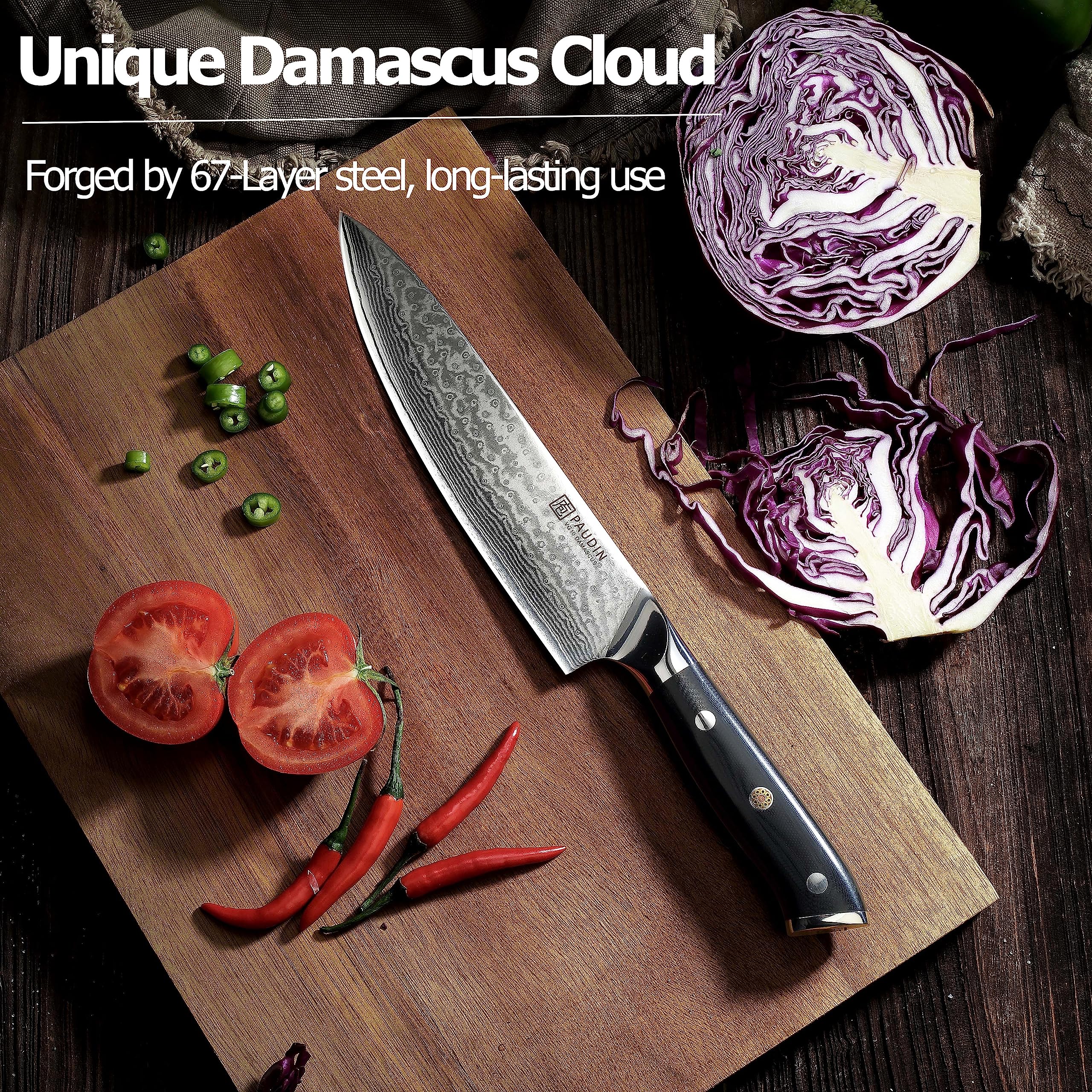PAUDIN Damascus Chef Knife, 8 Inch Kitchen Knife, Japanese 67-layer VG-10 Stainless Steel Sharp Knife, Professional Chefs Knife with Ergonomic G10 Handle, for Home Kitchen and Restaurant