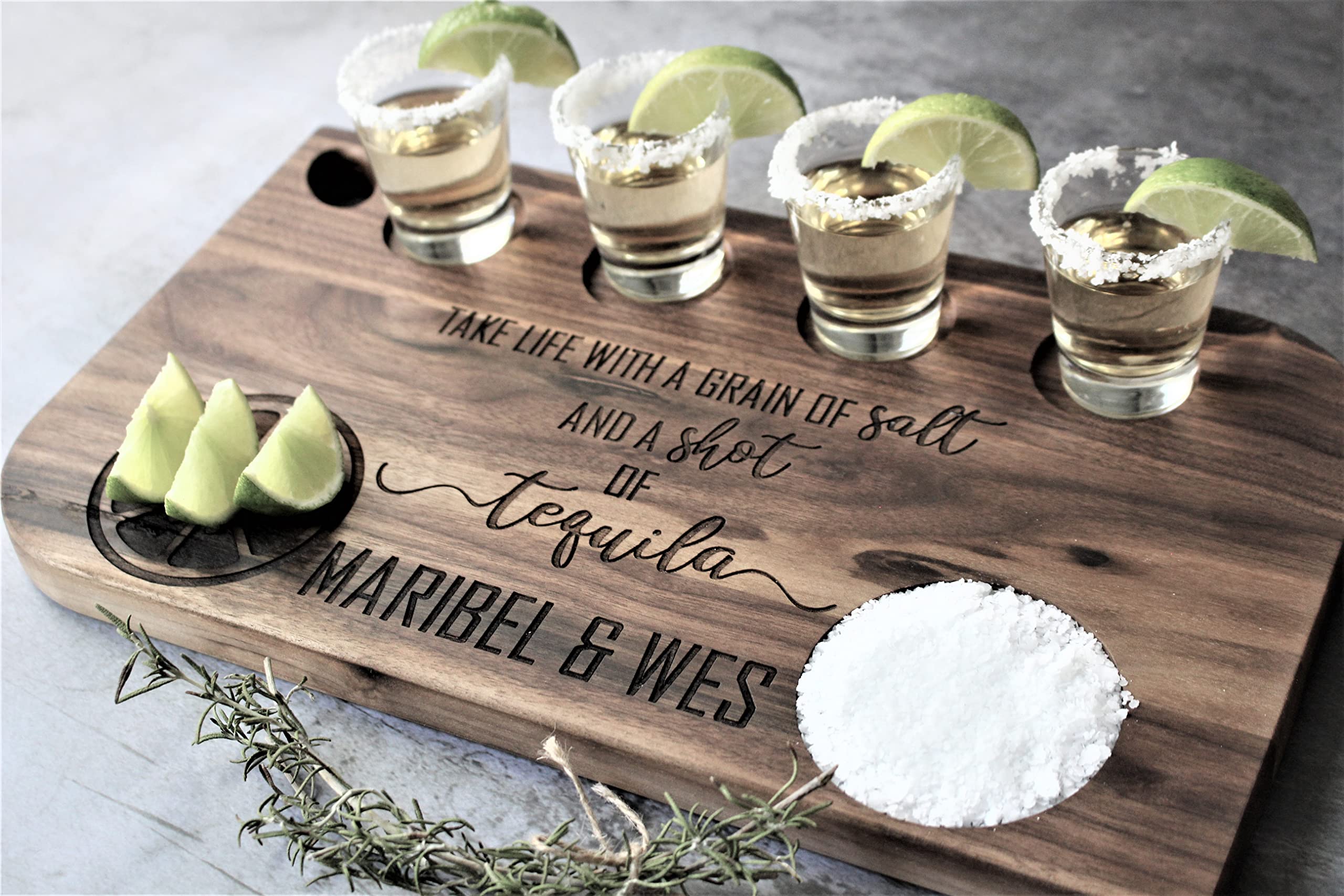 Personalized Tequila Wood Flight Cutting Charcuterie Board for Birthday Fathers Day Mothers Day Wedding Bridal Shower Engagement Gift (Walnut)