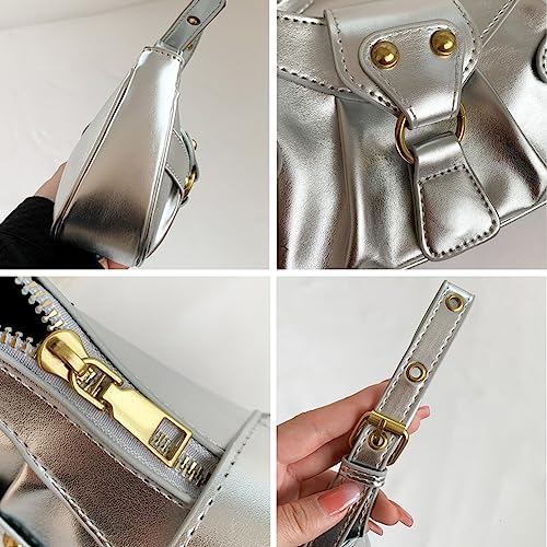 Y2k Purse for women, Silver Metallic Crossbody Shoulder Bag, Punk Hobo Bag Tote Handbag Satchel Bag
