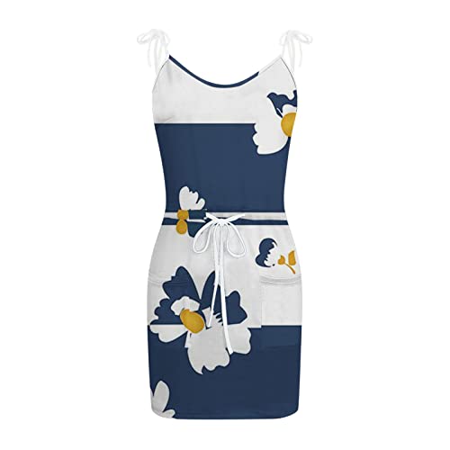 Pockets Women Summer Sexy Dress V Neck Striped Drawstring Sets Swing Sling Strap Sleeveless Side Slit Clubwear Blue