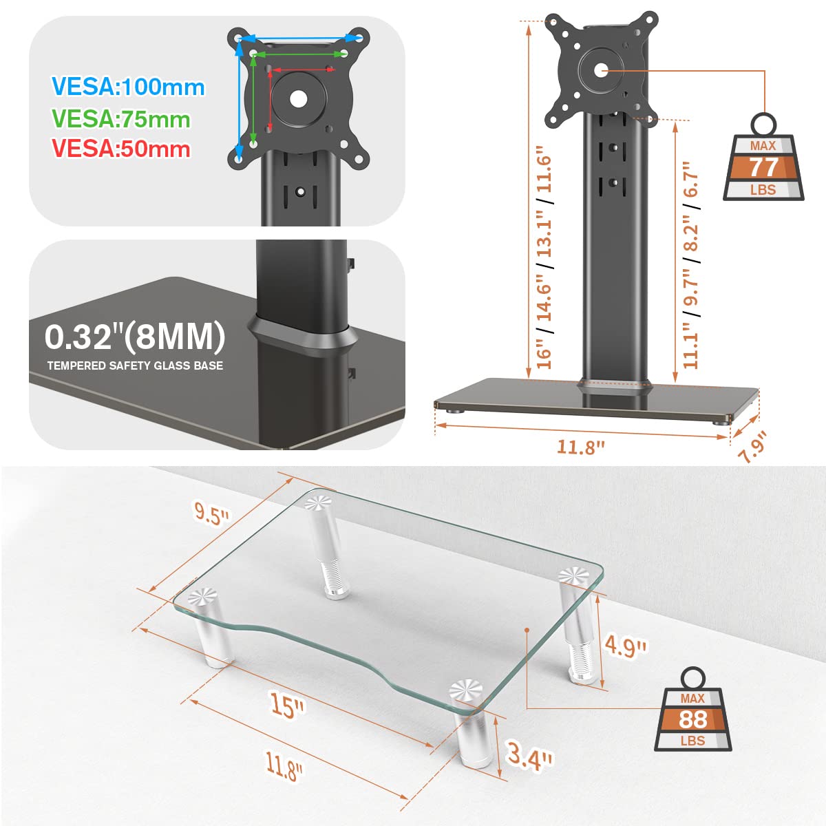 Single LCD Computer Monitor Free-Standing Desk Stand Riser for 13 inch to 32 inch Screen & Clear Tempered Glass Computer Monitor Riser with Height Adjustable Multi Media Desktop Stand