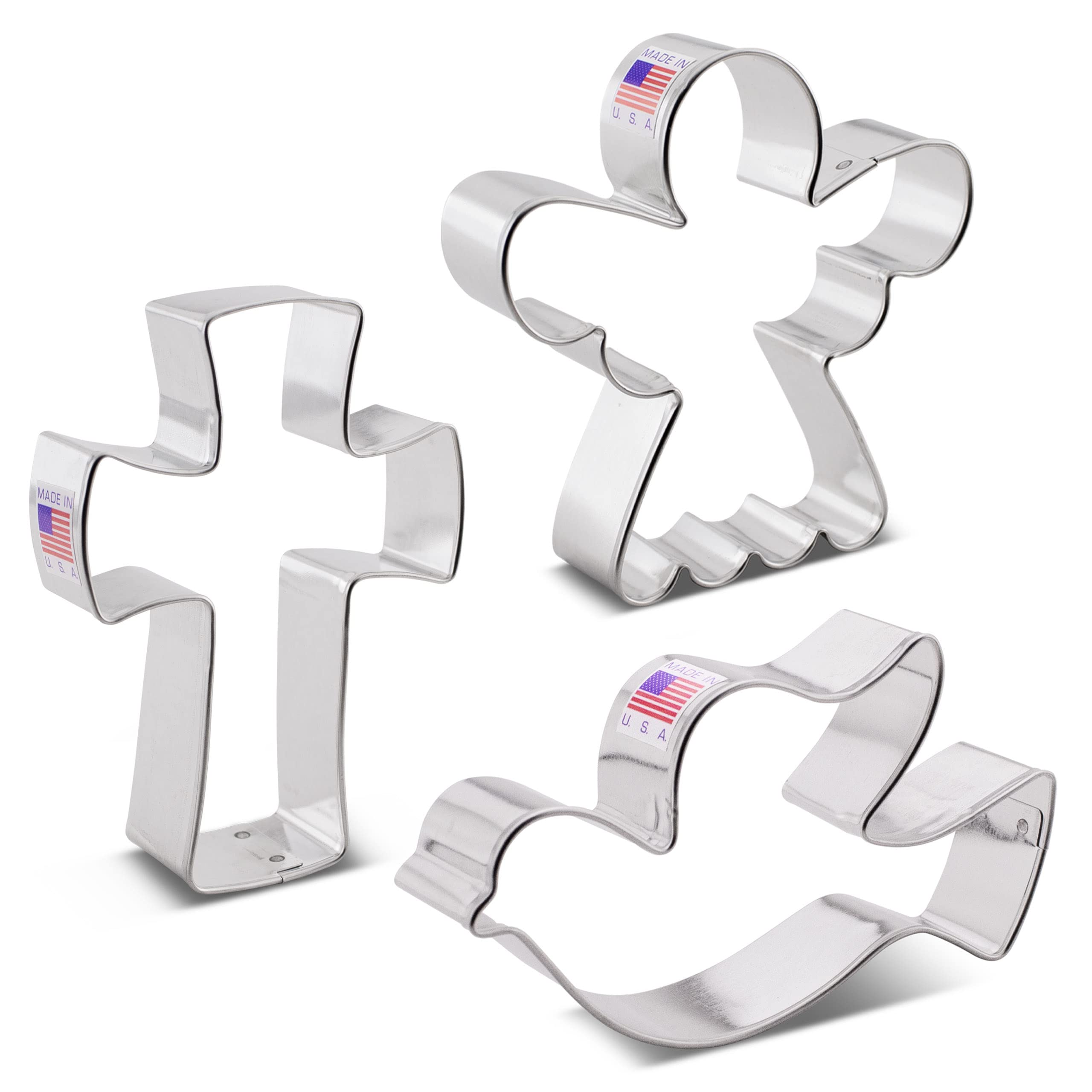 Religious Christmas Cookie Cutters 3-Pc. Set Made in USA by Ann Clark, Angel, Cross, Dove
