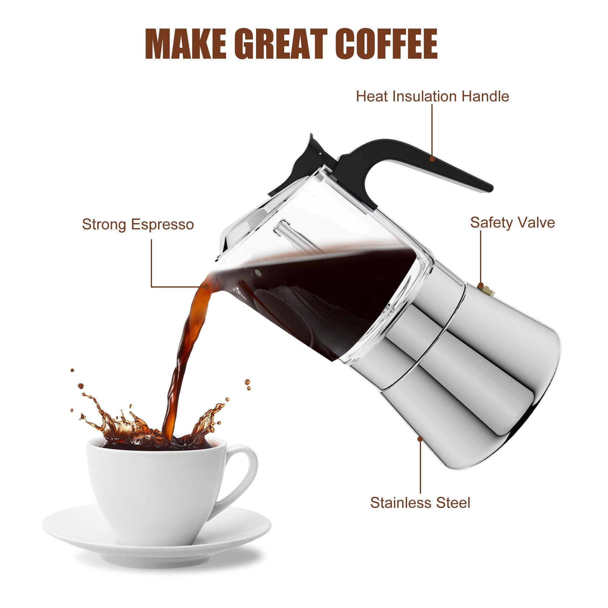 Moka Pot - Rumia Stovetop Espresso Maker, Crystal Glass & Stainless Steel Moka Pot, 6 Espresso Cup/240 ml/8.5 oz for Strong Coffee Maker, Dishwasher Safe, Classic Percolator Italian Style