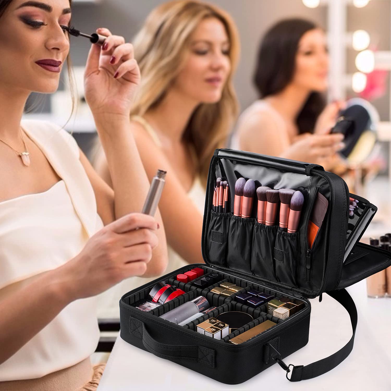 Kootek Large Travel Makeup Bag 3-Layer Cosmetic Train Case Portable Toiletry Organizer with Mirror Removable Dividers Shoulder Strap for Makeup Tools Brushes Jewelry Digital Accessories