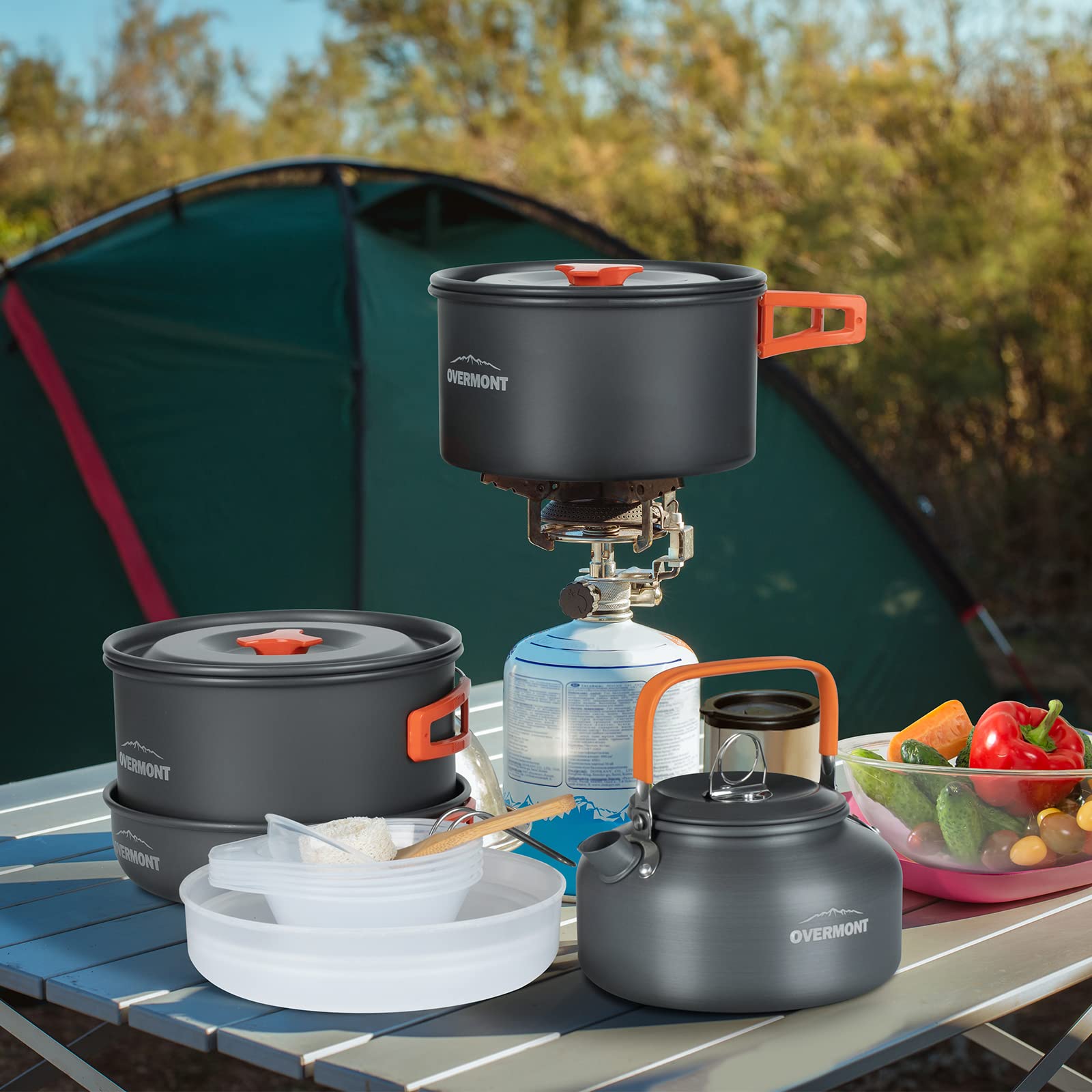 Overmont 14pc 16pc Camping Cookware Mess Kit, Portable Camping Cooking Set for Backpacking, Outdoor Hiking and Picnic Pot Pan Folding Spork Knife Spoon Kit (3.4, Large(for 3-5 PPL))