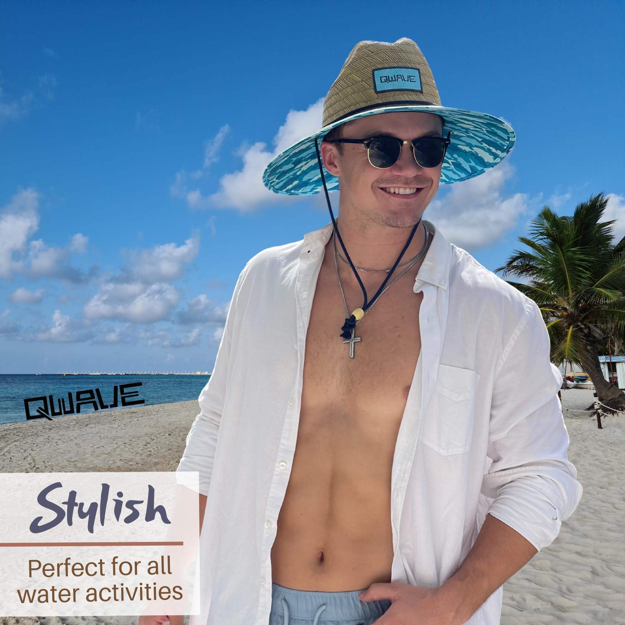 Qwave Mens Straw Hat - Fishing Print Designs, Sun Hats for Men Protects from Summer Sun - Lifeguard Hat, Dark Straw - Topography