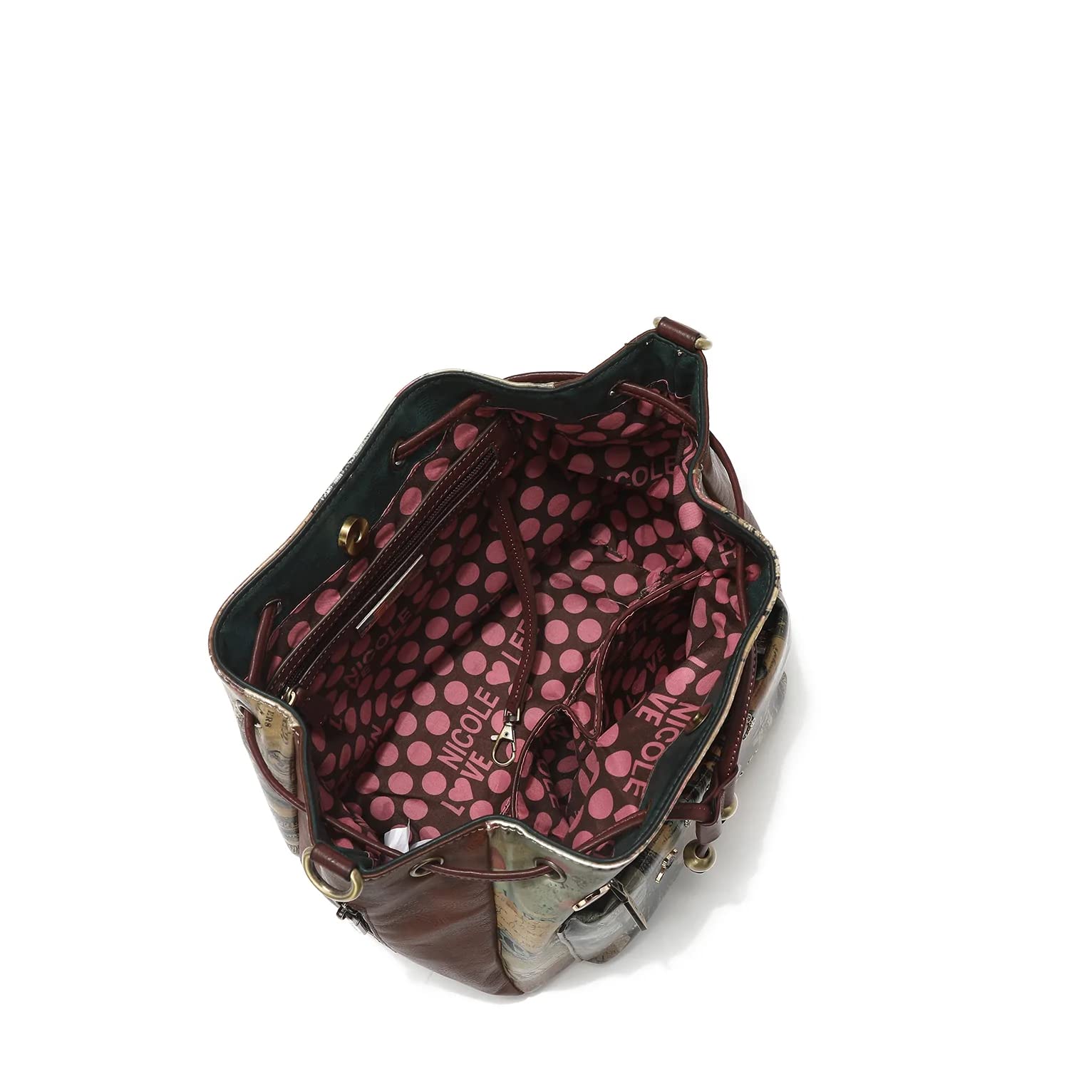 Nicole Lee Paris Fashion Week Medium Bucket Bag, Drawstring Crossbody, Butterfly Flower Embellishments, Multiple Pockets