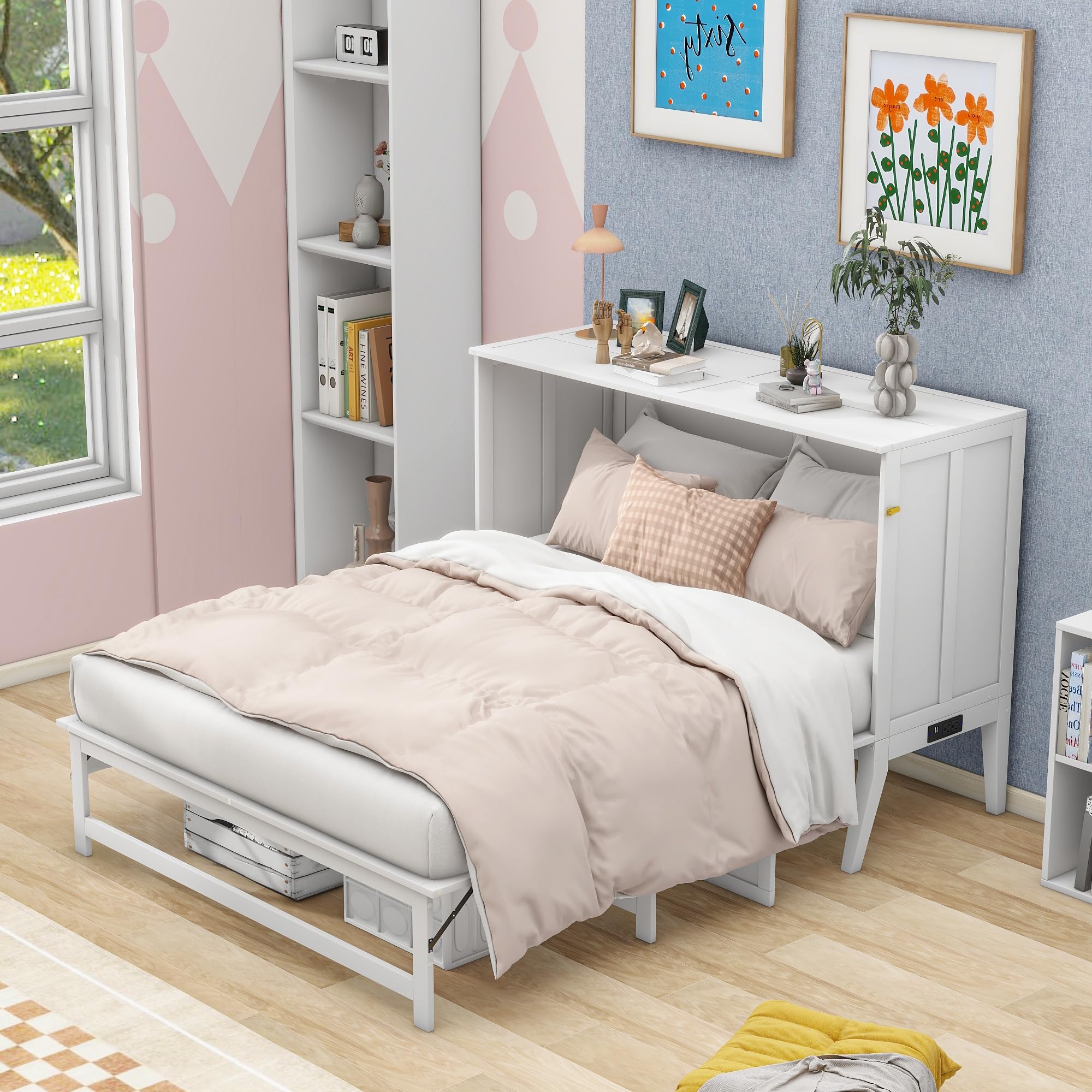 LAVHOME Queen Size Murphy Bed Frame with Built-in Charging Station and a Shelf for Bedroom and Guestroom,Office,White