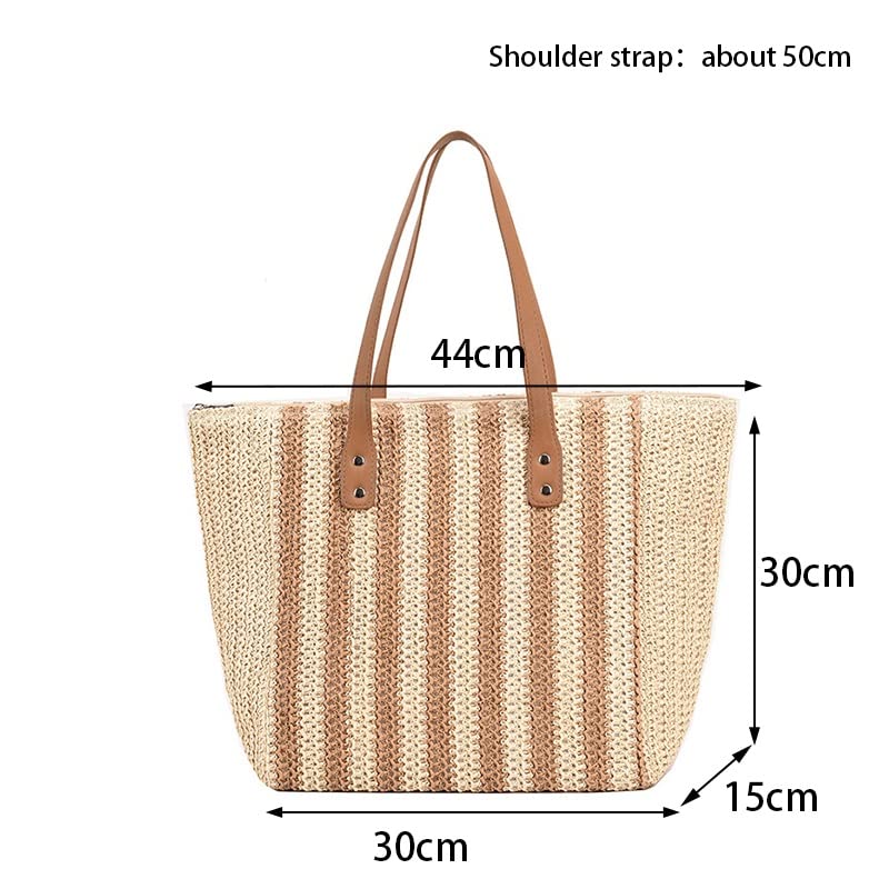 N/A Summer Striped Straw Bag Women Woven Shoulder Handbag Rattan Handmade Beach Bag Large Capacity Totes (Color : B, Size : One Size)