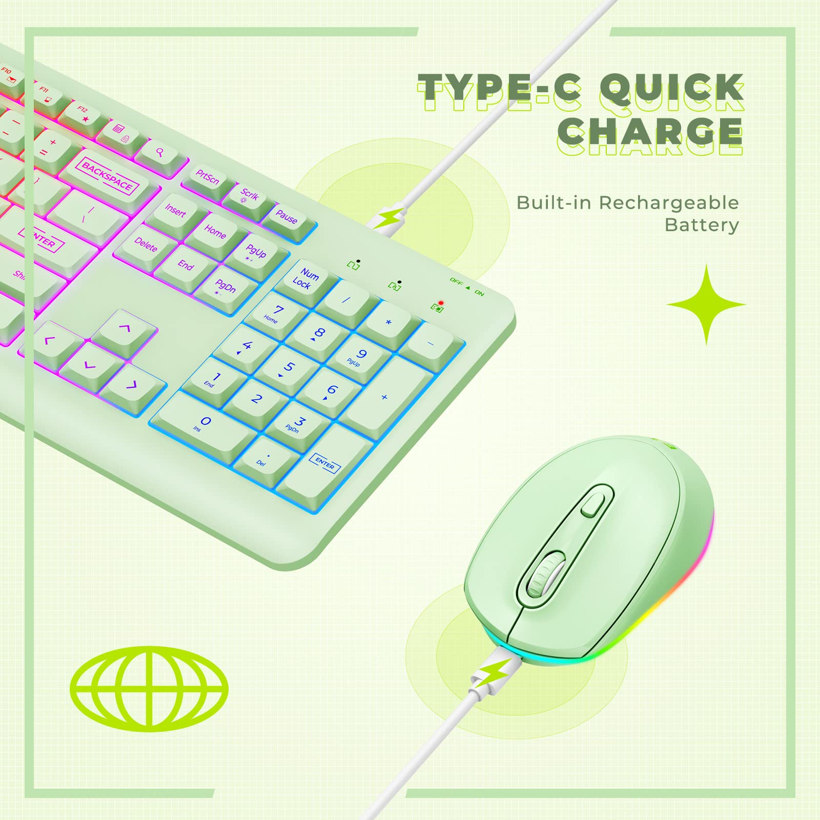 seenda Wireless Keyboard and Mouse Combo Backlit, Rechargeable Full-Size Illuminated Cordless Keyboard and Mouse Set, 2.4G USB Keyboard and Mouse for Computer/Laptops/Windows/Gaming, Mint Green