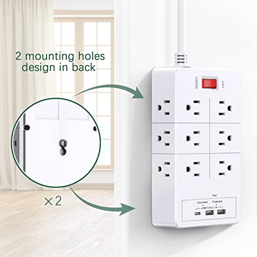Power Strip with USB C - 12 Widely Outlets with 2 USB Charging Ports+1 USB C Total 3.1 A, 6 ft Long Heavy Duty Extension Cord,Overload Surge Protection, Surge Protector Wall Mount for Home (White)