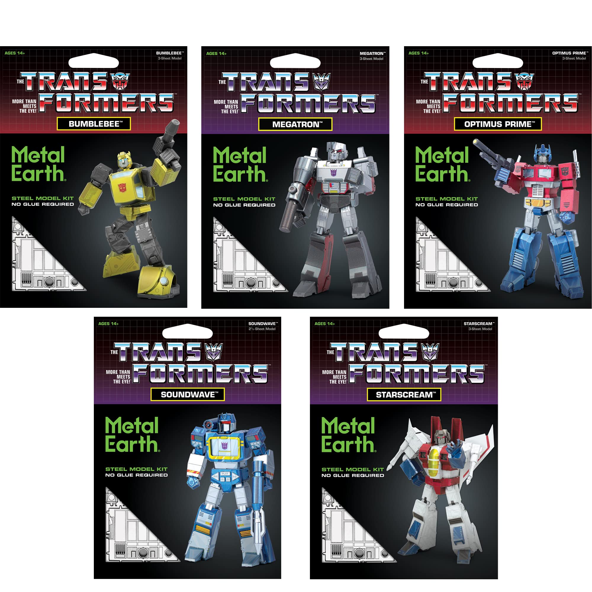 Metal Earth Fascinations 3D Metal Model Kits Transformers Color Set of 5 - Bumblebee - Megatron - Optimus Prime - Soundwave - Starscream