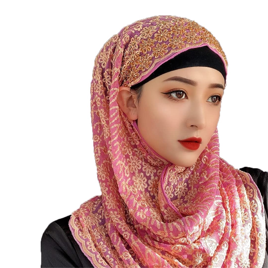 Muslim Luxury Silk Hijabs Embroidery Head Scarf Concealed Buckle Headscarf Diamond Head Wrap Arab Pink
