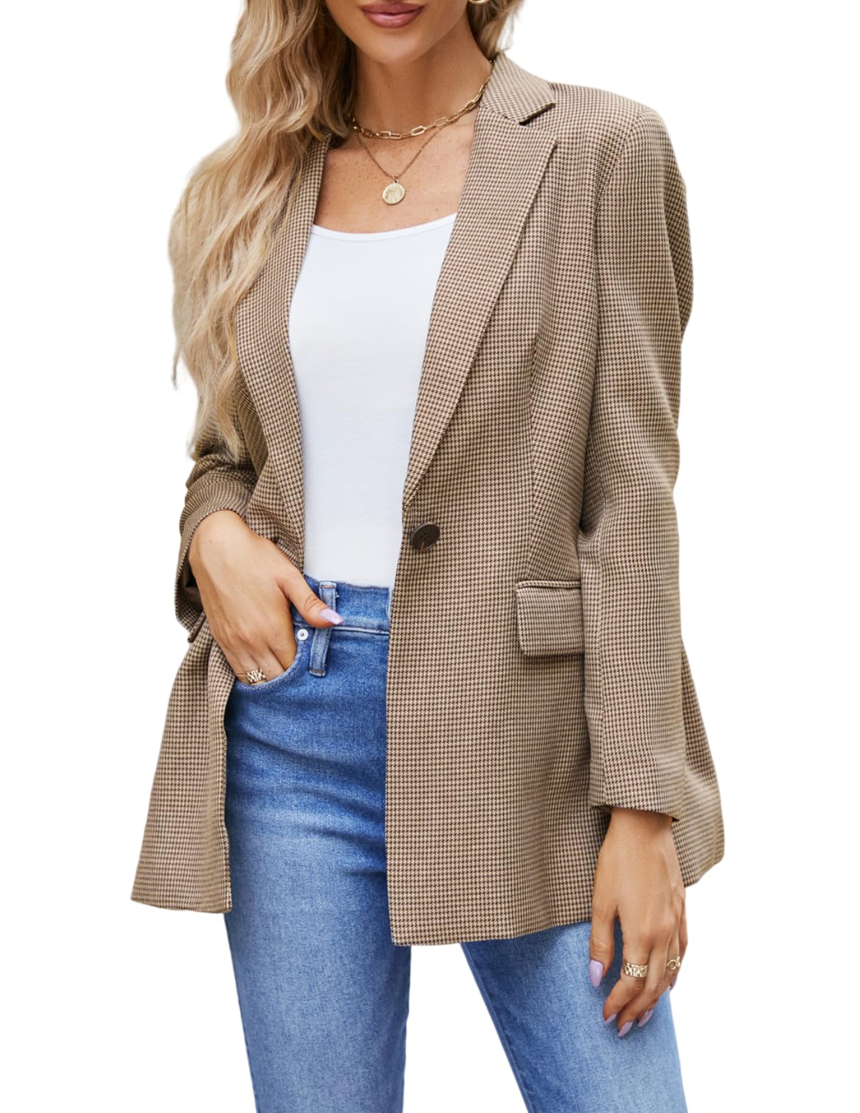 JASAMBAC Womens Blazer Lapel Open Front Button Down Long Sleeve Loose Suit Jacket Women Blazers for Work Professional with Belt Dark Brown