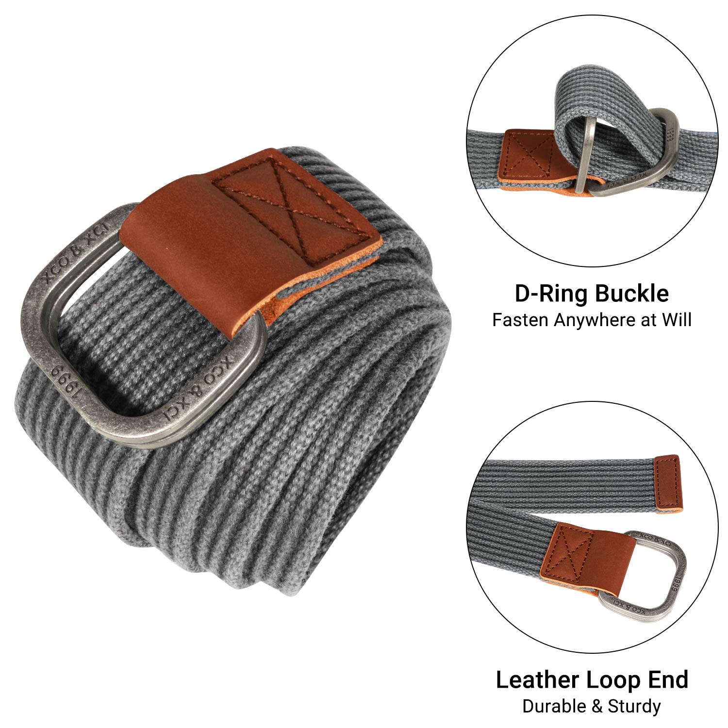 ITIEZY Mens Canvas Belts, Cloth Fabric Web Belt 1 1/2" for Casual Jeans, Double D Ring Adjustable Belt Grey for Men & Women