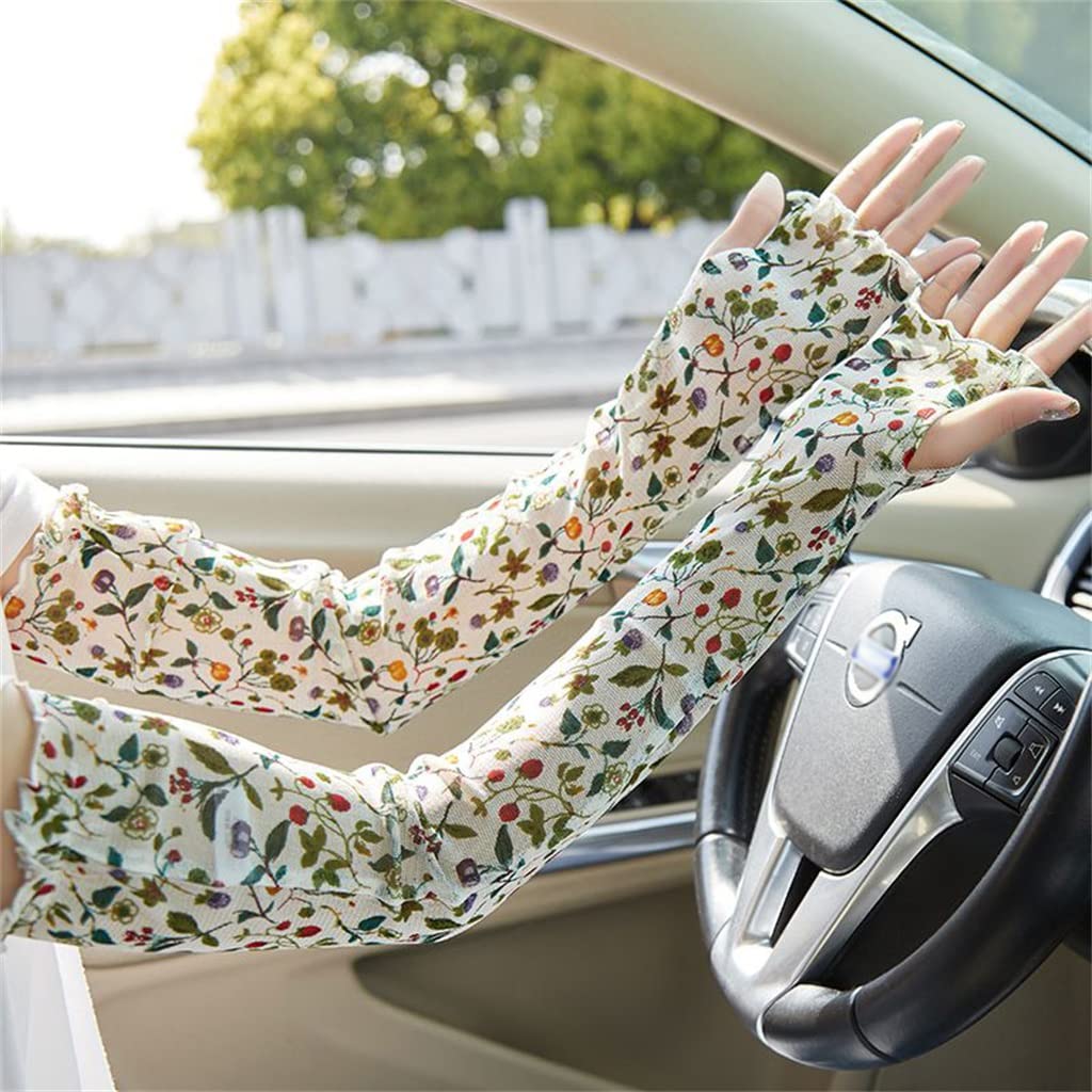 Mulberry Silk Floral Mesh Gloves Summer Thin Sleeves Arm Guard Sleeves Summer Female Driving (Color : A, Size : 55 * 18cm)