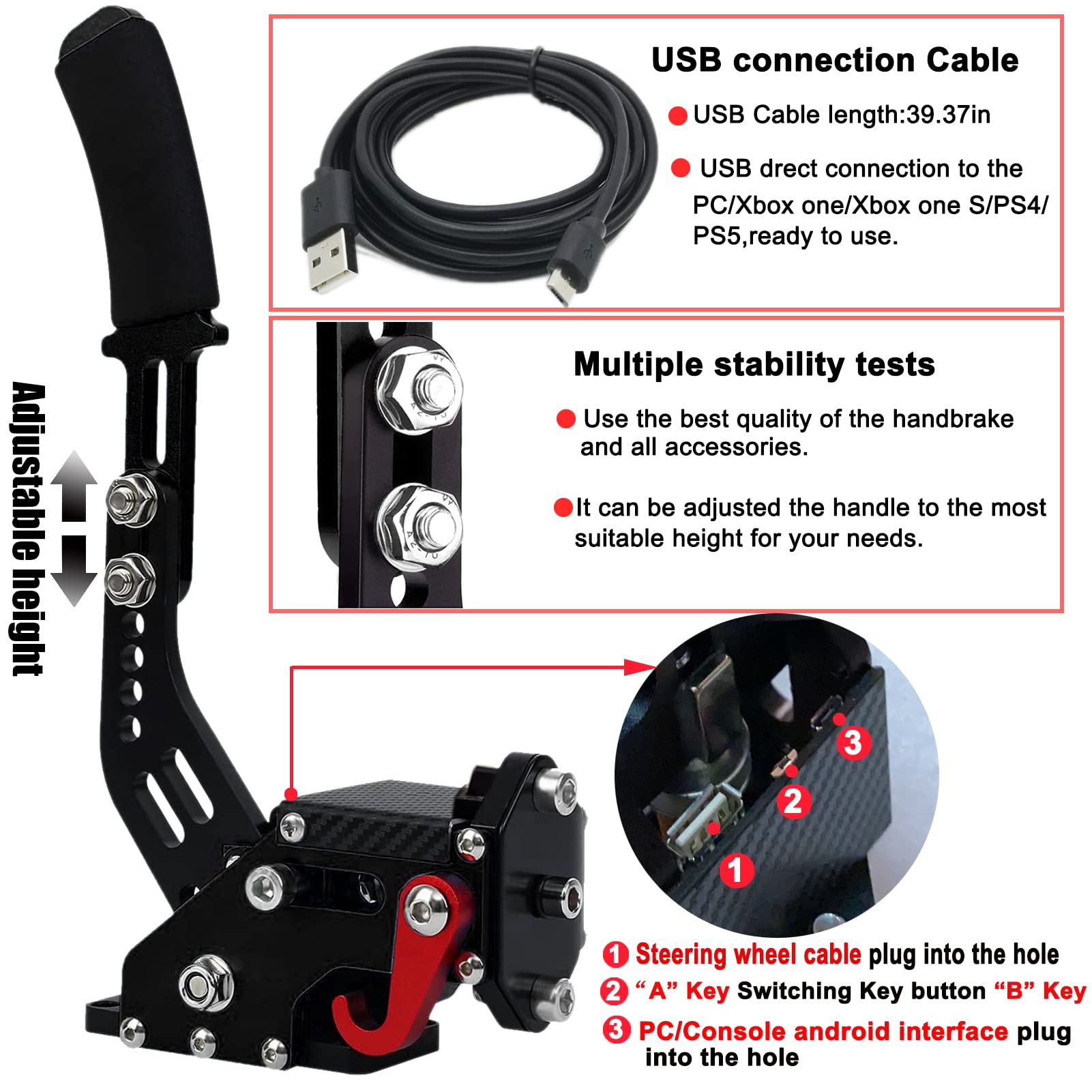 Obokidlyamor 64Bit PC USB Handbrake For 2 IN 1 Compatible with PS4/PS5 Console Controller and PC system; Work on For Logitech G29 Racing Steering wheel (With Clamp, Black)
