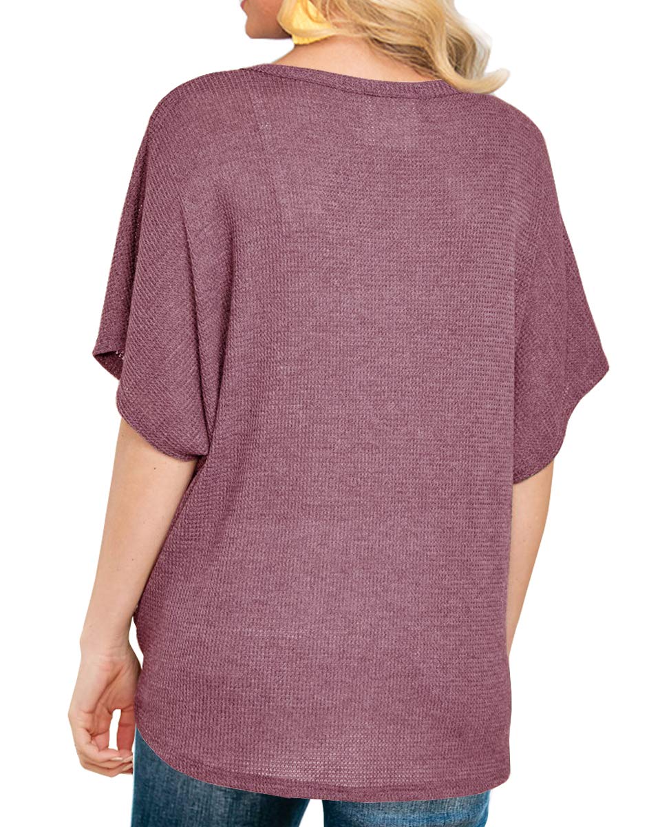 IWOLLENCE Womens Loose Henley Blouse Bat Wing Short Sleeve Button Down T Shirts Tie Front Knot Tops Rust Red XX-Large
