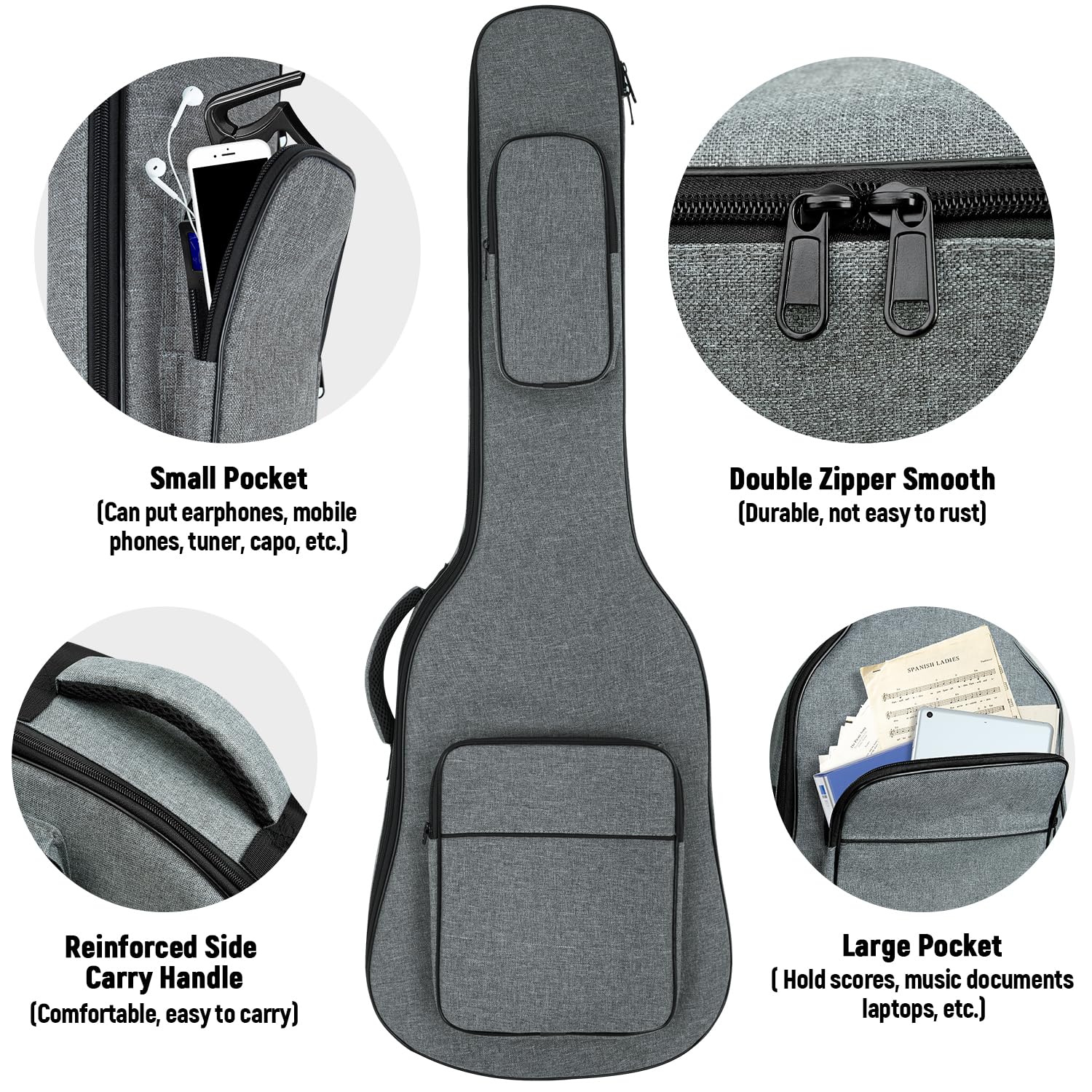 MUZNOTE Electric Guitar Bag Padded Electric Guitar Gig Bag 11.5mm Padding Soft Guitar Case with Neck Strap, Back Hanger Loop, Grey