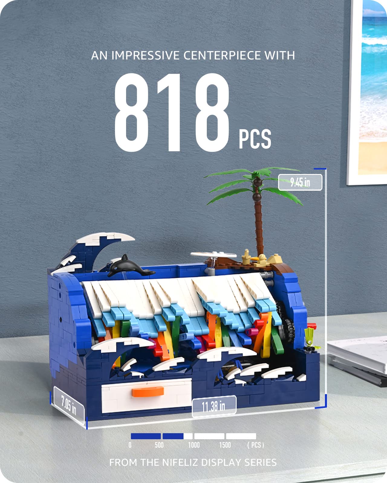 Nifeliz Surfing Music Box, Multicolor Sea View Model Toy, Displayable Building Set for Adults (818 Pieces)
