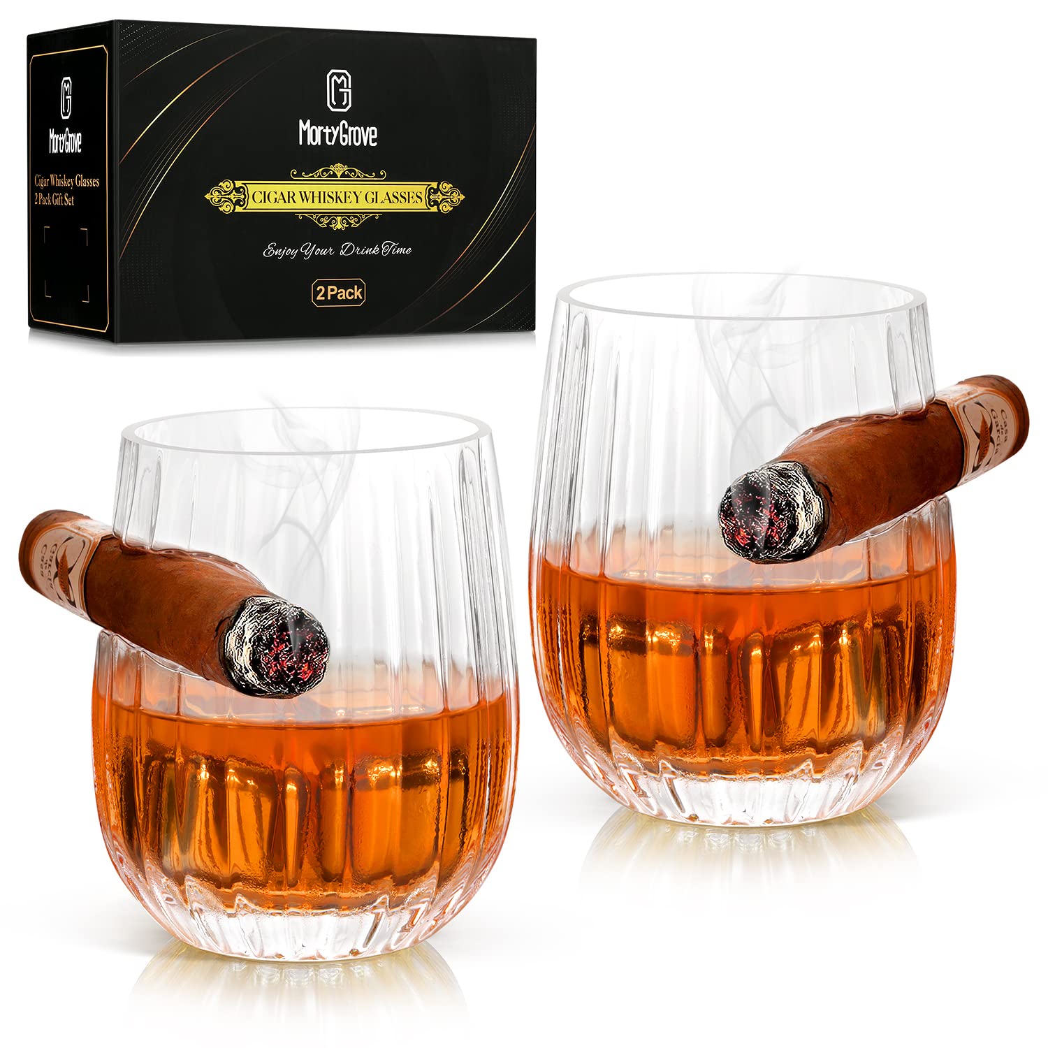 MortyGrove Cigar Whiskey Glasses with Cigar Holder-Set of 2,Old Fashioned Whiskey Glass With Indented Cigar Rest Crystal Whiskey Glasses Gift, Gifts for Men(12oz)