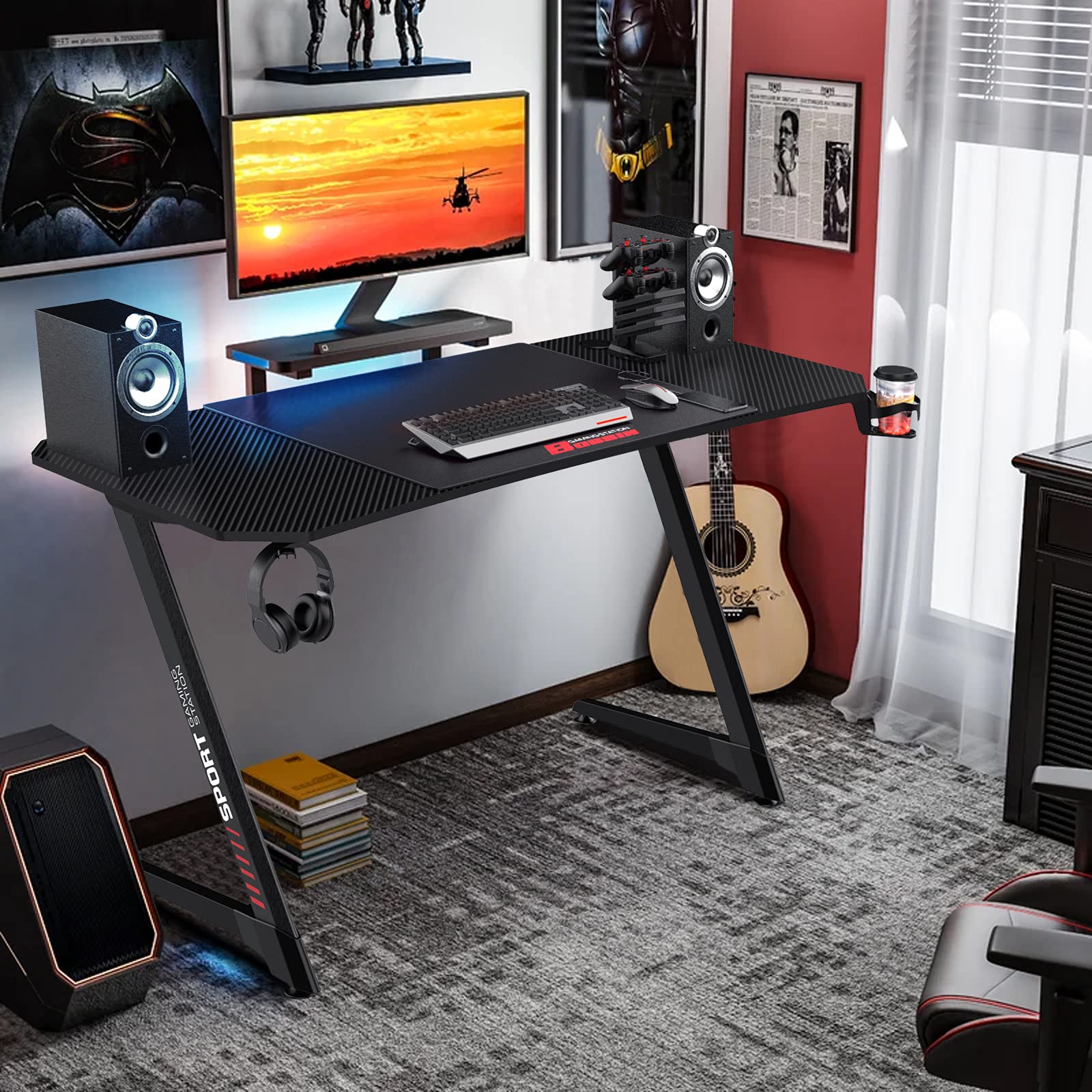 LEMBERI 63 inch Gaming Desk, Z-Shaped Computer Desk with Free Large Mouse Pad, Professional Game Work Station, PC Gamer Table with USB Gaming Handle Rack, Stand Cup Holder&Headphone Hook(63", Red)