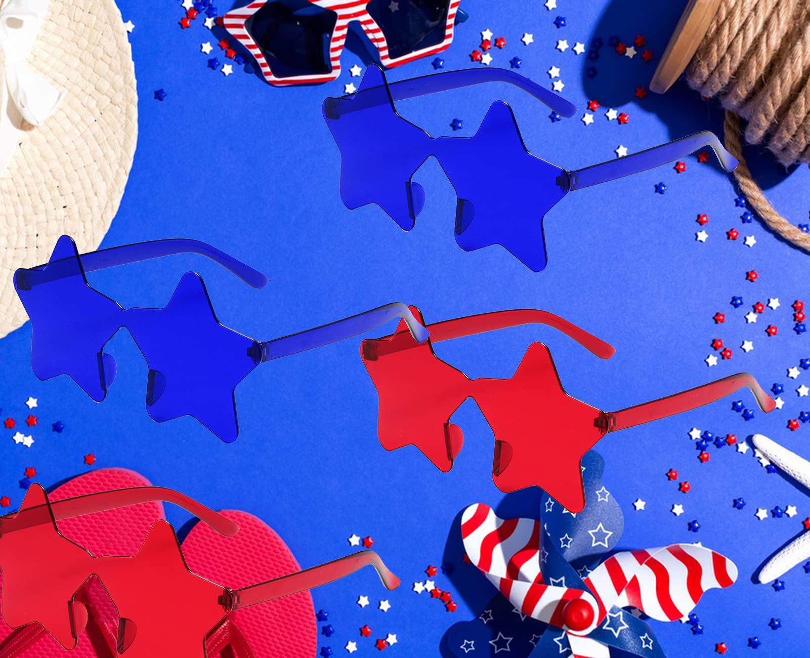 QXBXYHM 6 Pcs Independence Day Star Shaped Rimless Sunglasses Transparent Pentagram Glasses 4th of July Red White Blue Disco Glasses