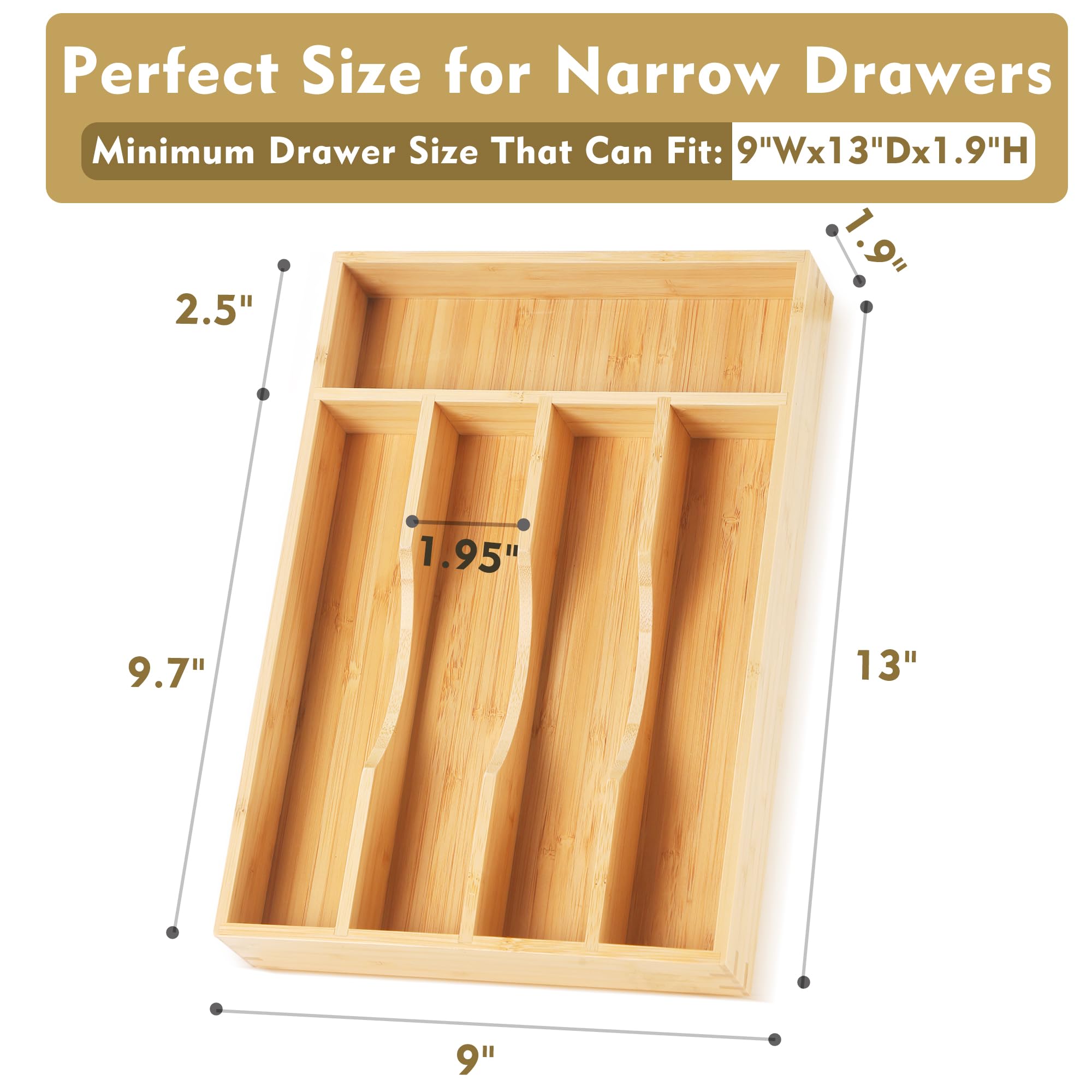 Upassion Bamboo Kitchen Drawer Organizer, 9 Inch Silverware Utensil Holder for Samll Drawer, Narrow Silverware Organizer for Cutlery Knives