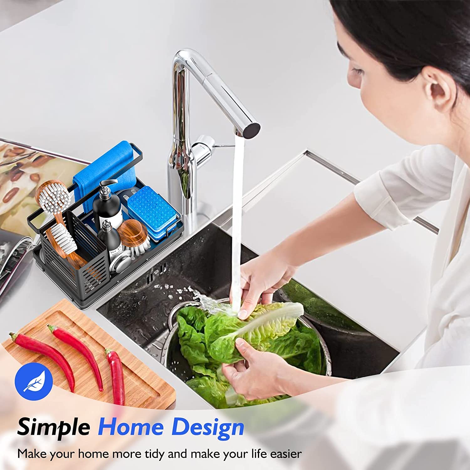 MURLONG Sink Caddy, Kitchen Sink Organizer Sponge Holder, Kitchen Sink Accessories Stainless Steel, Sink Brush Holder with Removable Drain Tray for Sponge, Dish Brush, Soap, Scrubber, Dishcloth-Black