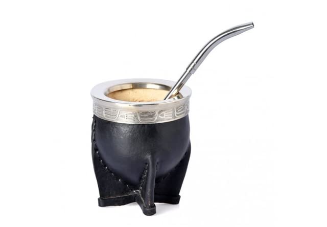 Mate Argentino Imperial Premium Leather Wrapped Handmade Engraving With Alpaca Yerba Mate Gourd (Mate cup) with Bombilla de Alpaca (Alpaca Yerba Mate straw) (Black)