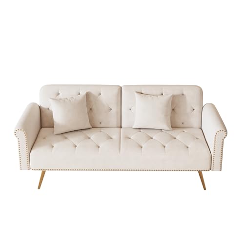 Upholstered Tufted Futon Sofa Bed Modern Split Adjustable Backrest Loveseat Convertible Sleeper Sofabed with Nailhead Decor for Home Office Apartment Living Room/Studio Compact Space