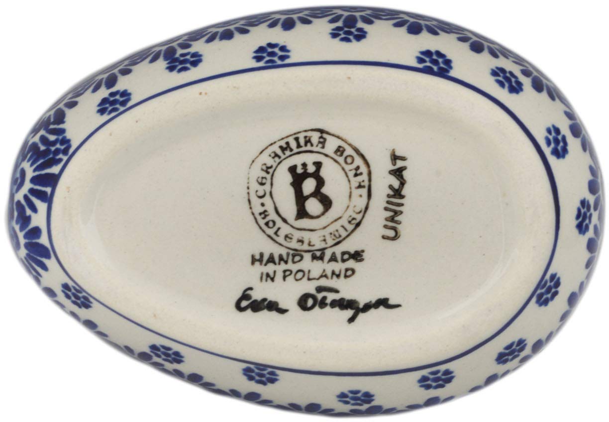 Polish Pottery 5-inch Spoon Rest (Double White Flower Theme) Signature UNIKAT + Certificate of Authenticity