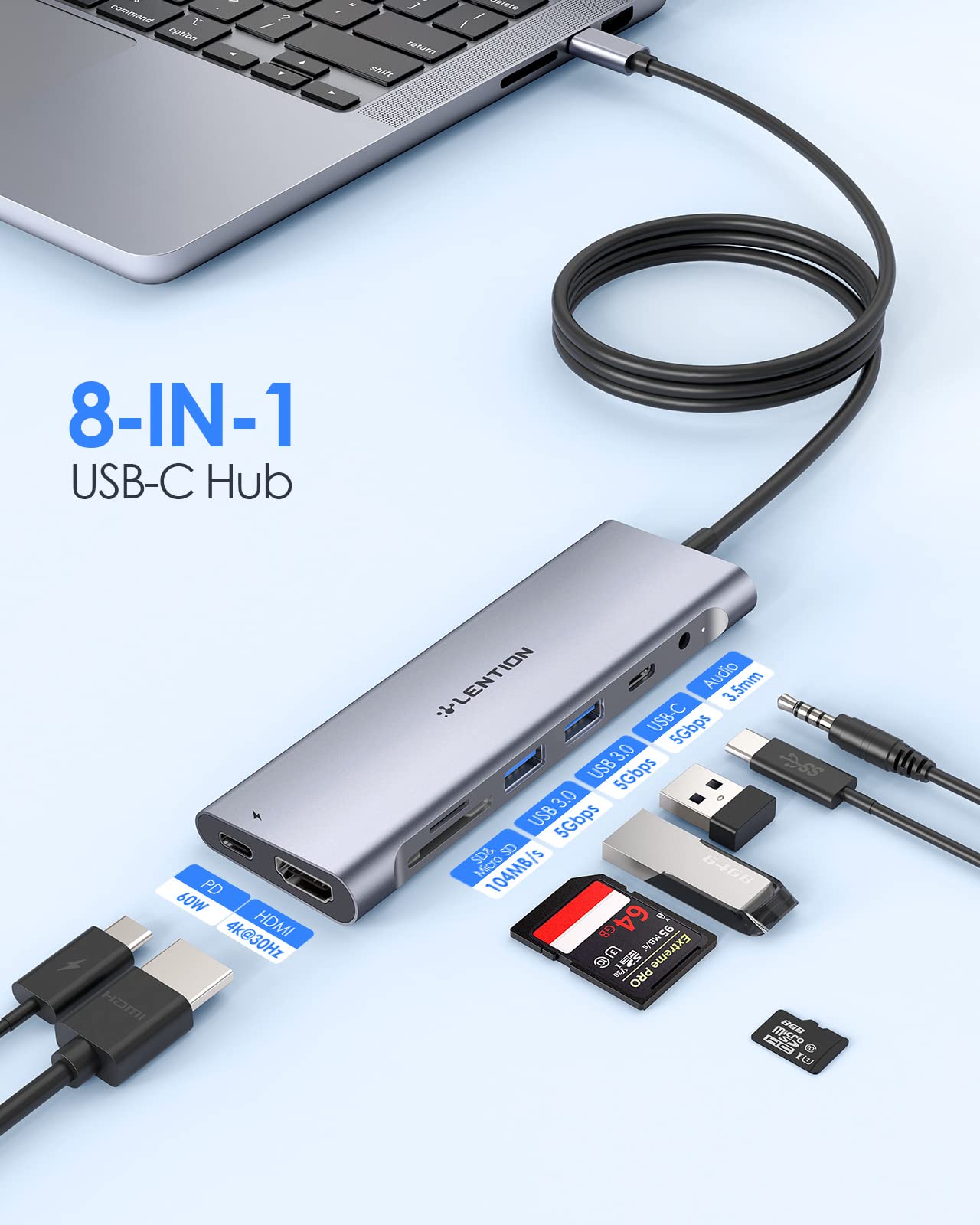LENTION 3.3FT Long Cable USB C Hub with 4K HDMI, 2 USB 3.0, Card Reader, Aux, Type C Data/Charging Compatible 2023-2016 MacBook Pro, Mac Air/Surface, More, Stable Driver Adapter (CB-C37, Space Gray)