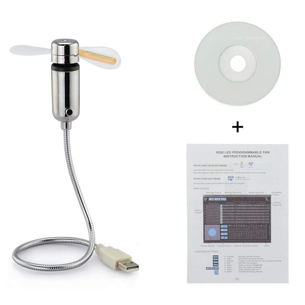 Kbinter New Creative USB Fan,USB LED RGB Light Programmable Fan Flexible Gooseneck DIY Message Mini USB Fan for PC Laptop Notebook Desktops