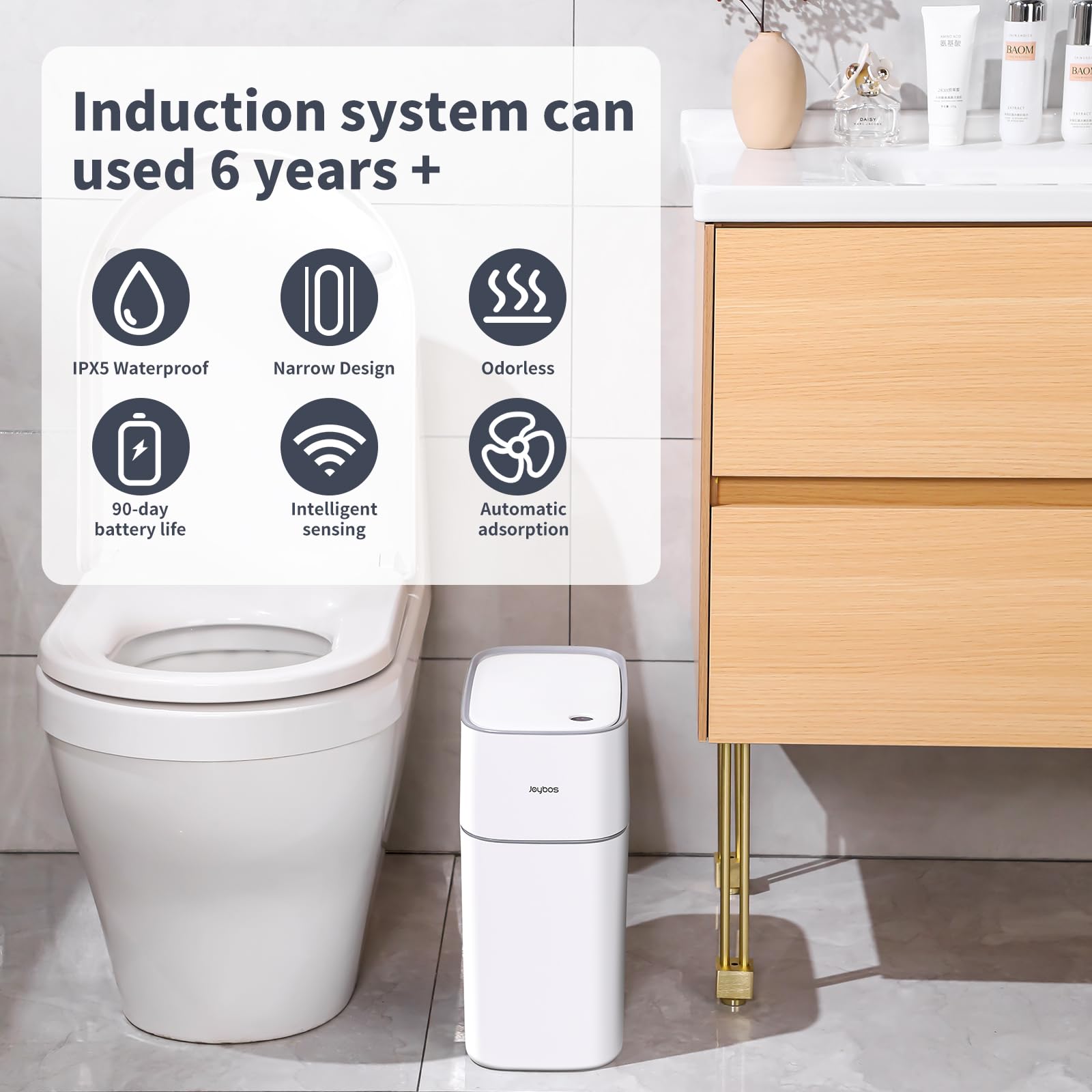 MOPUP Touchless Bathroom Trash Cans, Waterproof Motion Sensor Bedroom Garbage Can, 3.5 Gallon Slim Plastic Narrow Small Dogproof Trash Bin for Office,Living Room,Kitchen, White