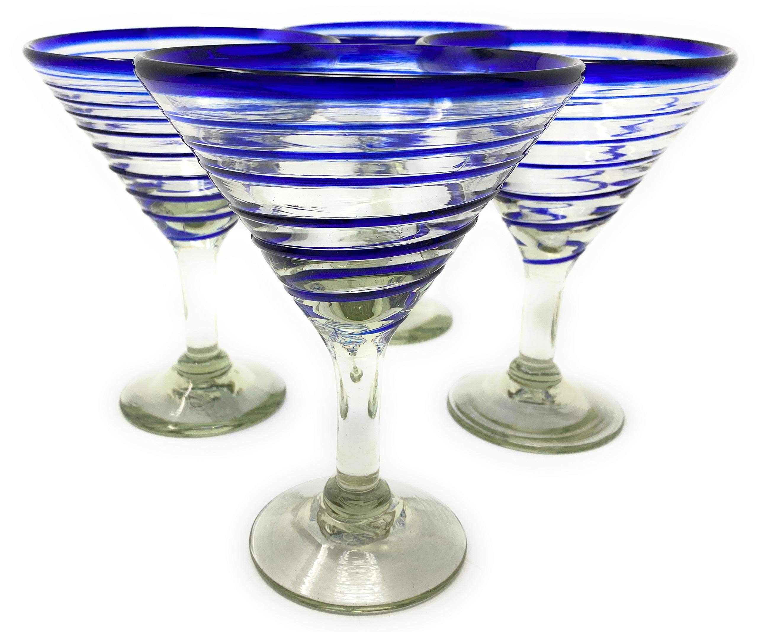 Mexican Hand Blown Glass – Set of 4 Hand Blown Modern Margarita Glasses - Blue Spiral (12 oz)