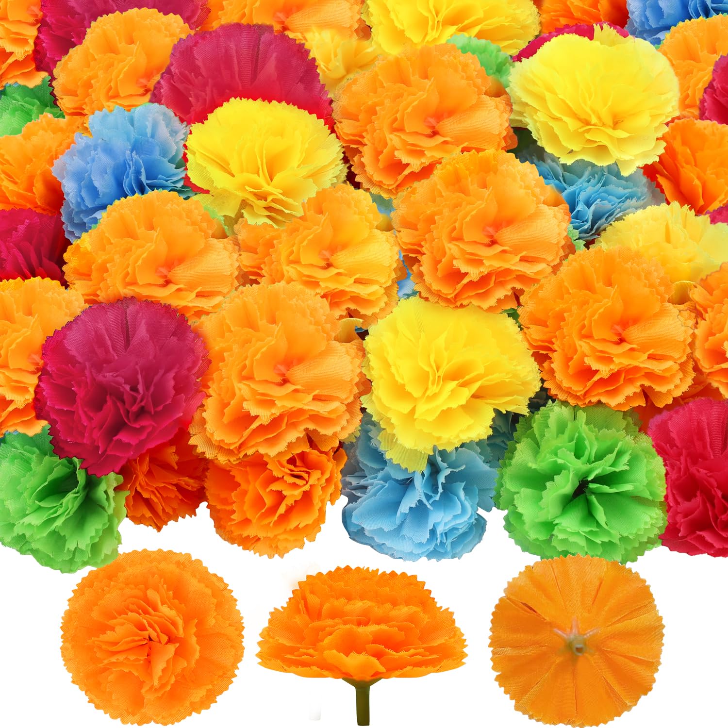Marigold Flowers Heads Bulk, 50Pcs Silk Marigold Flowers Artificial for Decoration DIY Wreath Garland Craft Wedding Party Baby Shower Decoration Halloween Christmas (Multi Color)
